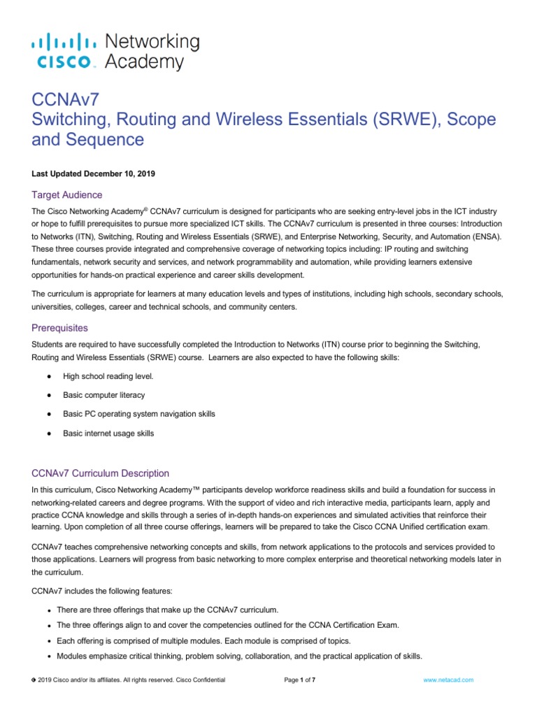 SRWE v7 Scope and Sequence | PDF | Cisco Certifications | Router (Computing)