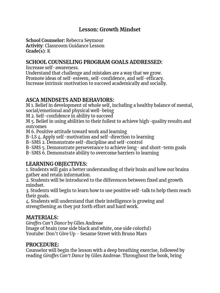 Lesson Growth Mindset | PDF | Mindset | School Counselor