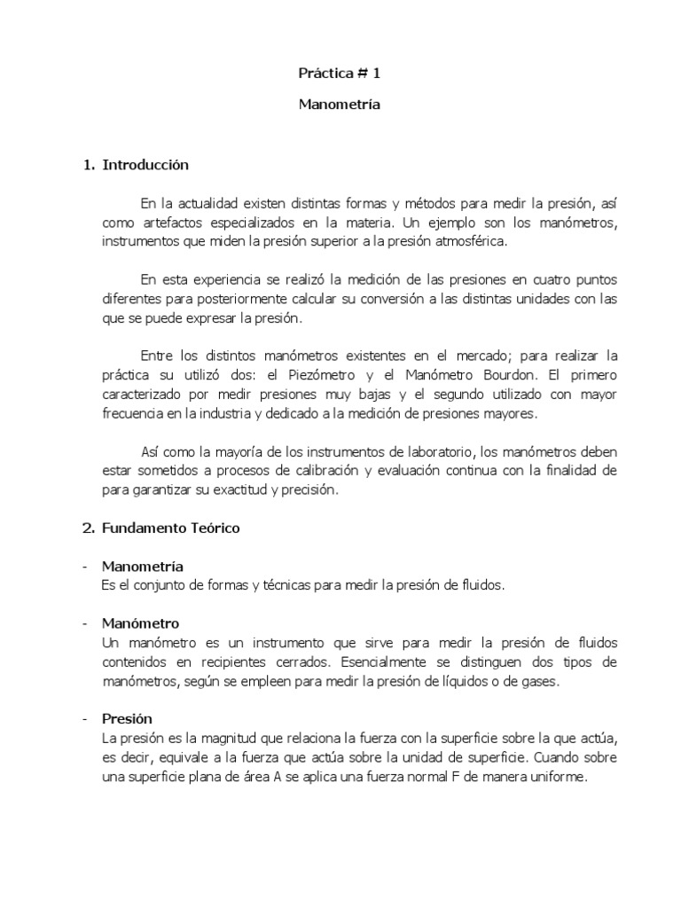 Manometría: Medición de Presiones en Laboratorio | PDF | Medida de ...