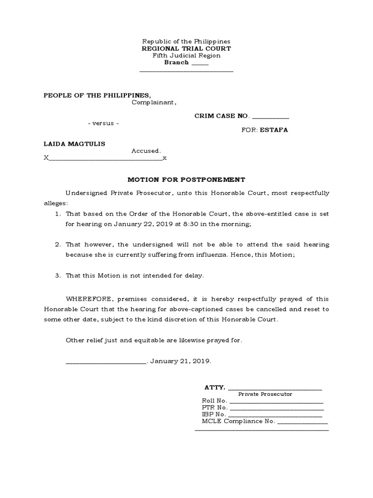 Motion For Postponement | PDF | Constitutional Law | Government ...
