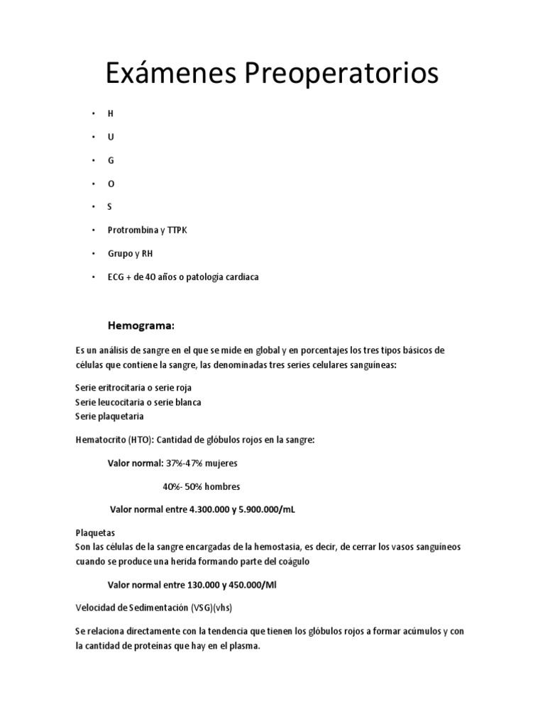 Exámenes Preoperatorios | PDF | Sangre | Leucocito
