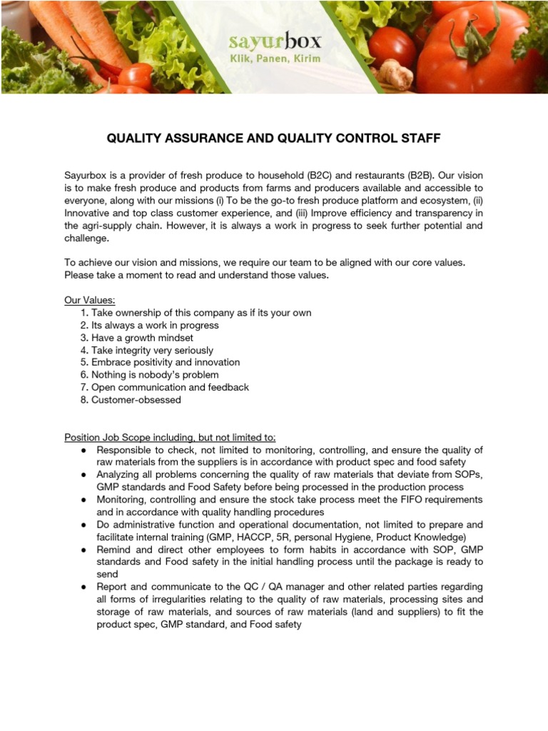 Quality Assurance and Quality Control Staff - Job Description | PDF ...