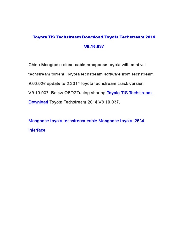 Toyota TIS Techstream Download Toyota Techstream 2014 V9 10 037 | PDF