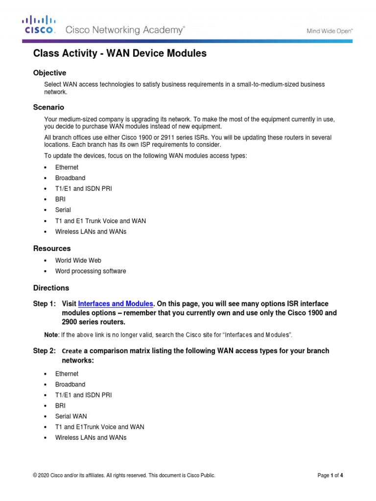 1.3.1.1 Class Activity - WAN Device Modules | PDF | Internet Access ...