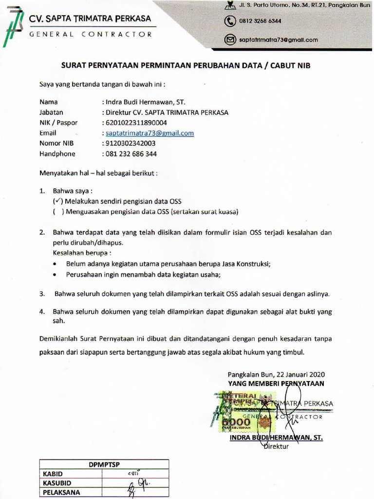 Surat Pernyataan Perubahan Data NIB | PDF