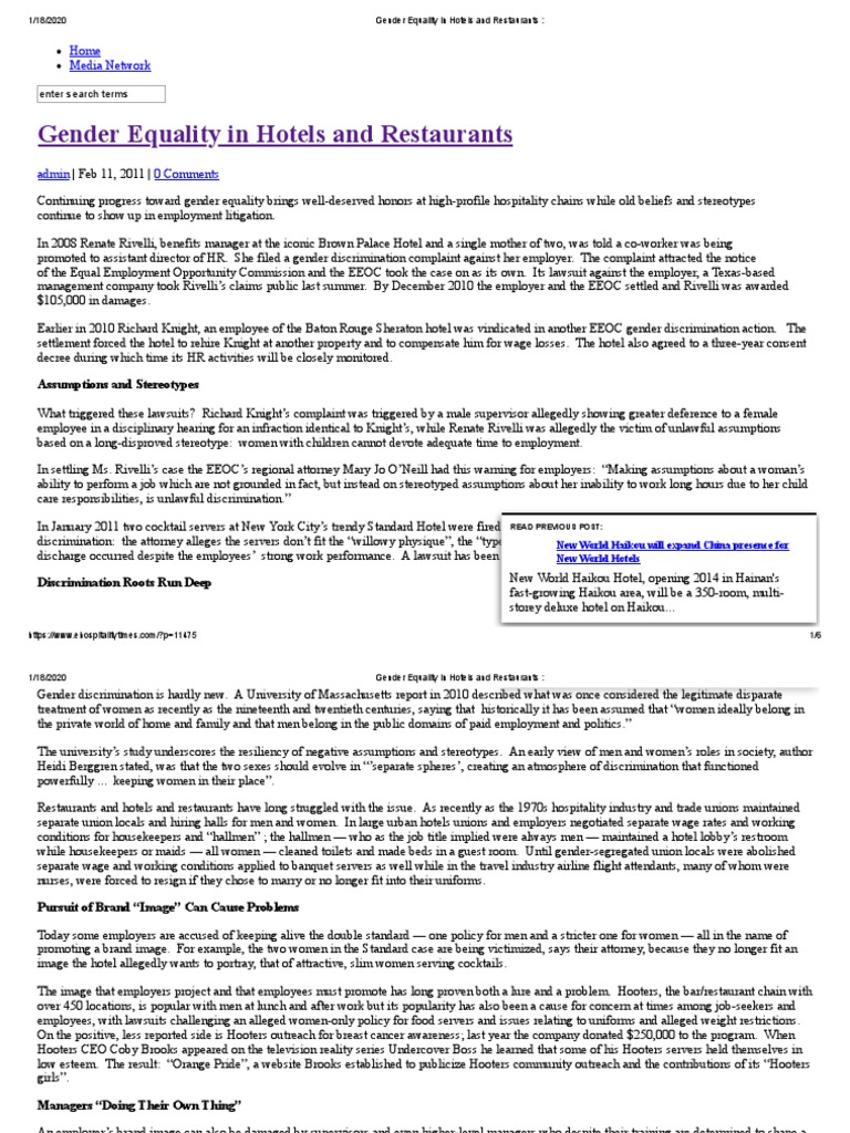 Gender Equality in Hotels and Restaurants | PDF | Equal Employment ...
