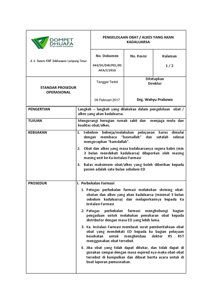 PPI 7.2.1 EP 1 SPO PENGELOLAAN OBAT ALKES YANG AKAN KADALUARSA.. Fix | PDF