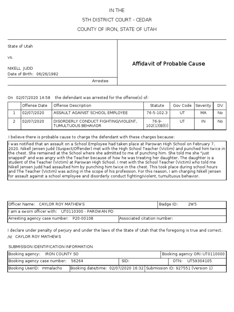 Nikell Judd Probable Cause Statement | PDF | Arrest | Law Enforcement