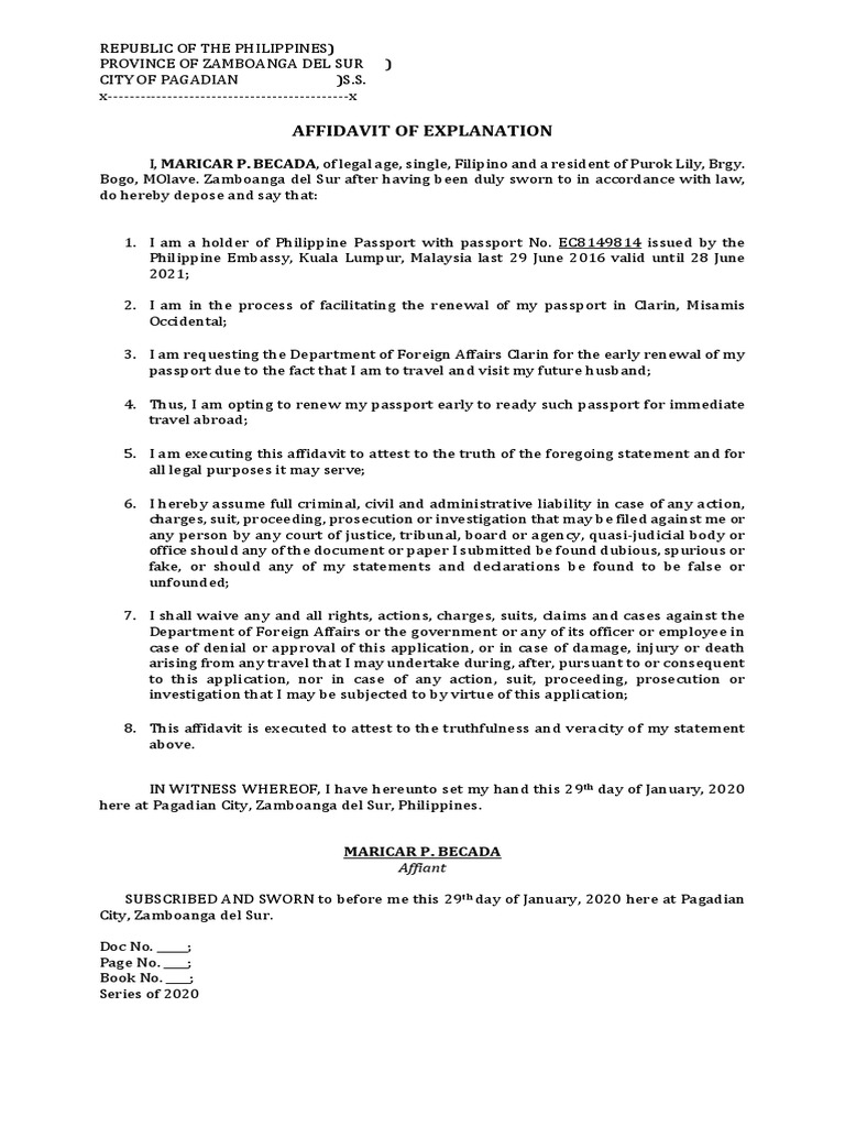 Affidavit of Explanation Early Renewal of Passport | PDF | Affidavit | Passport