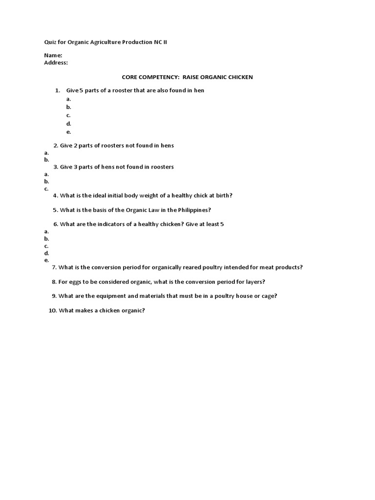 Quiz For Organic Agriculture Production NC II | PDF | Chicken | Vegetables