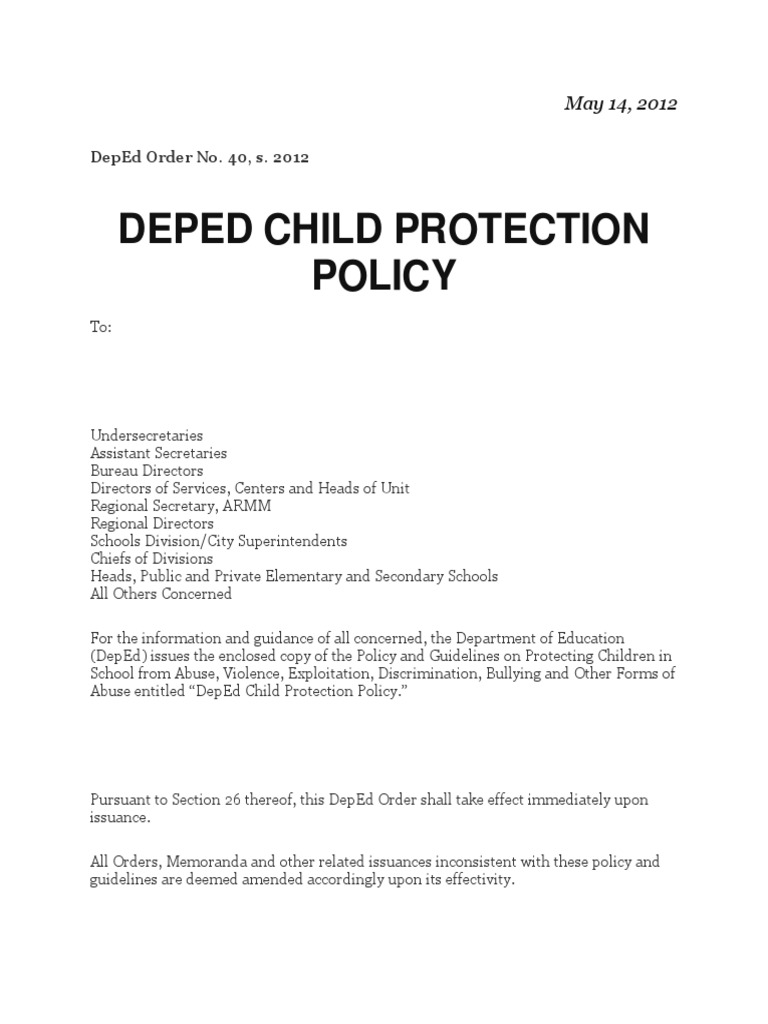 DepEd Child Protection Policy Overview | PDF | Child Abuse | Children's ...