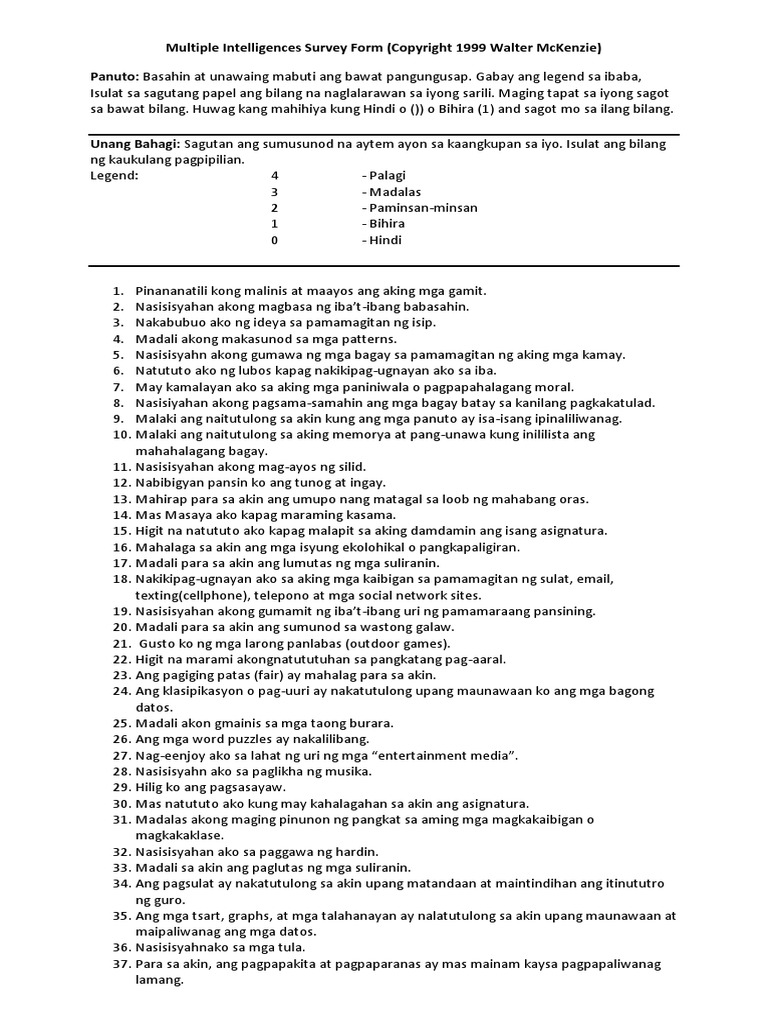 Multiple Intelligences Survey Form | PDF