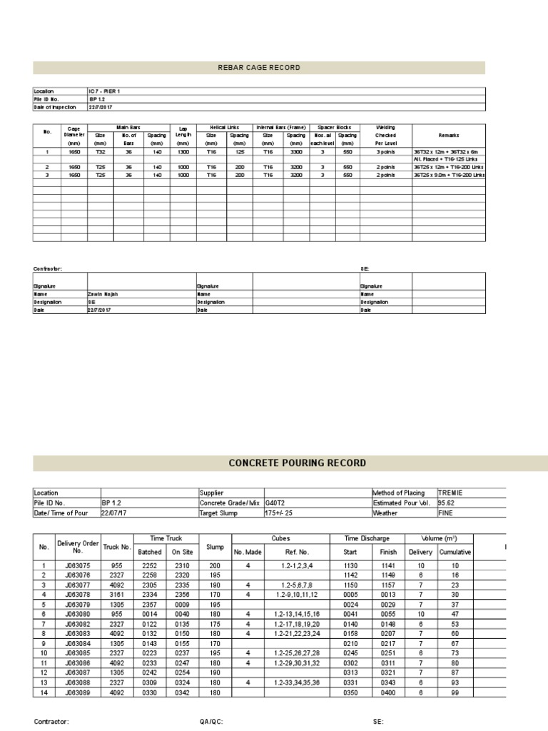 Bored Pile Concrete Record Chart 01 | PDF | Concrete | Components