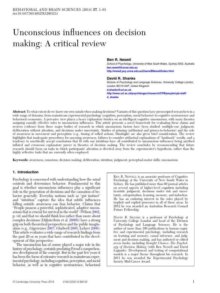 Unconscious Influences On Decision Making - A Critical Review PDF | PDF ...