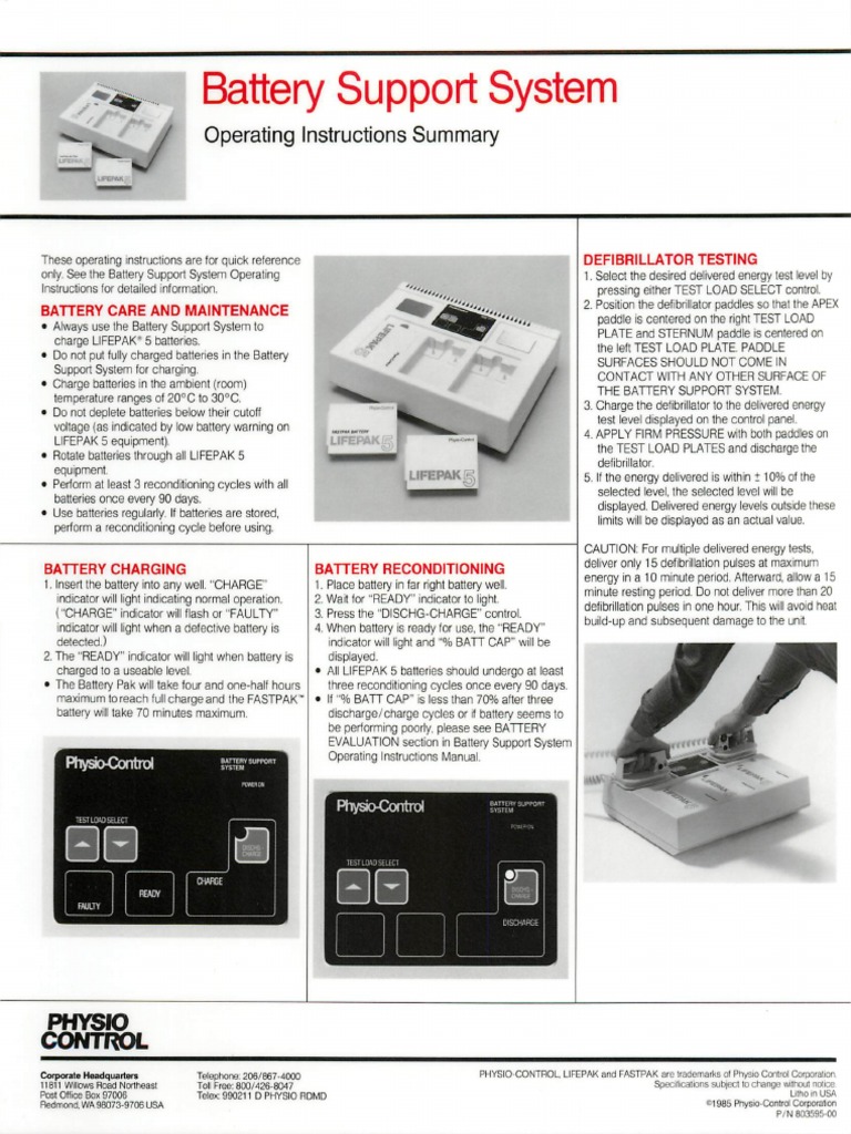 Physio Control Battery Support System For Defibrillator - Service Manual PDF | PDF