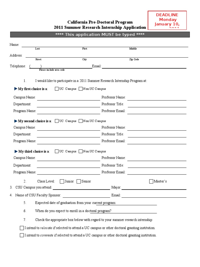 2011 Summer Internship Application | PDF | Doctorate | Academia