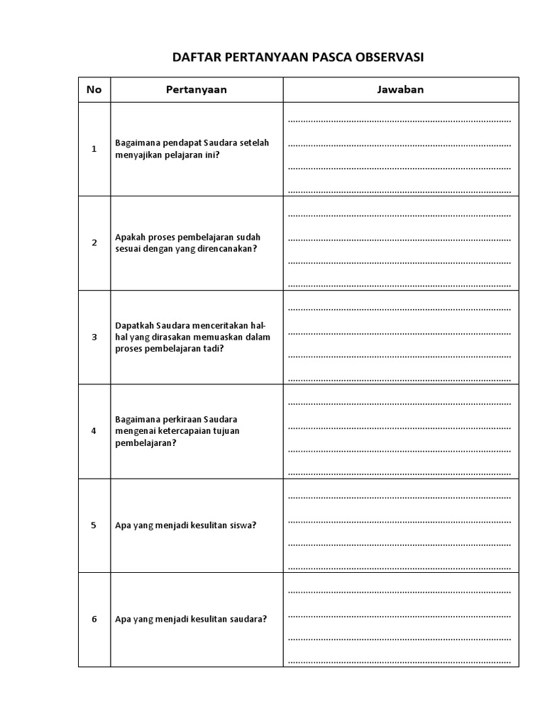 Daftar Pertanyaan Pasca Observasi | PDF