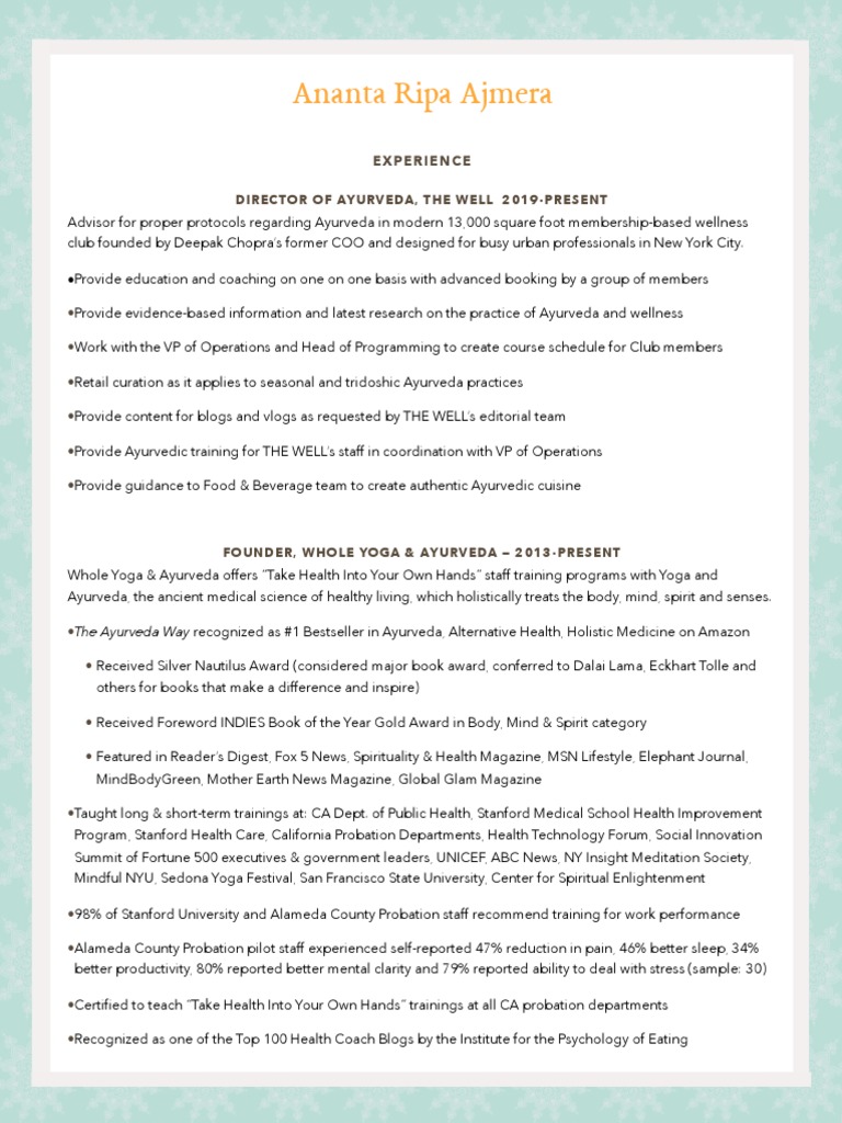 Ananta Ripa Ajmera cv-1 | PDF | Ayurveda | Wellness