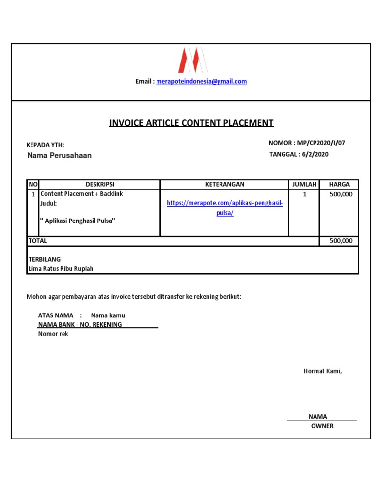 Contoh Invoice Content Placement Blog | PDF