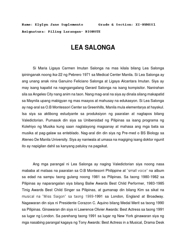 BIONOTE Ni Lea Salonga | PDF