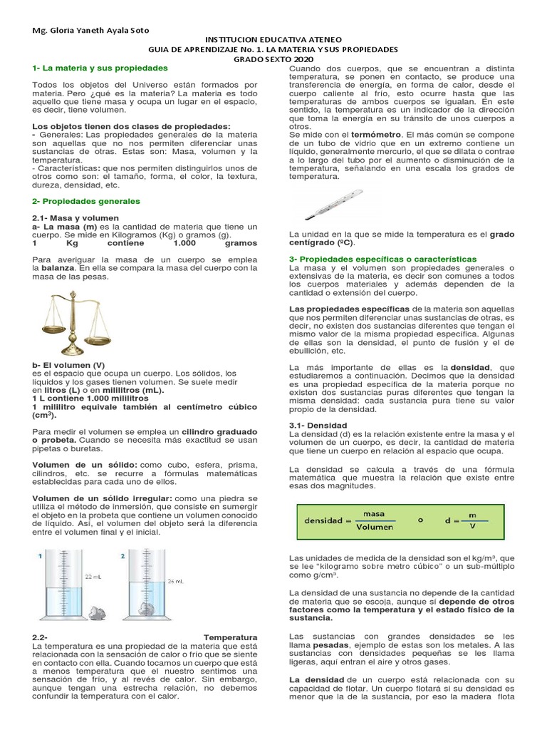 Guia de Aprendizaje 1. La Materia y Sus Propiedades | PDF | Densidad ...