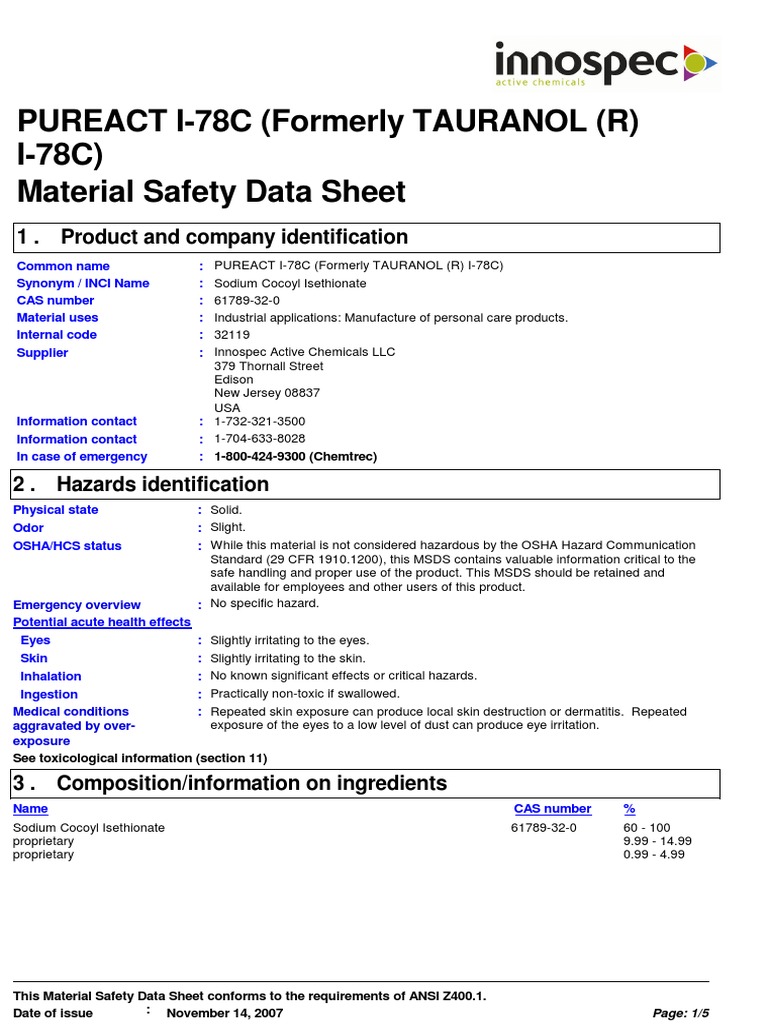 Sodium Cocoyl Isethionate | PDF | Dangerous Goods | Toxicity
