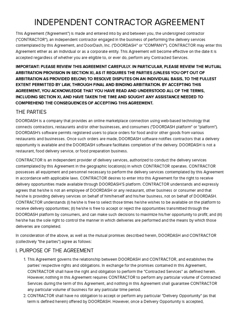 DoorDash Food Delivery - INDEPENDENT CONTRACTOR AGREEMENT | PDF ...