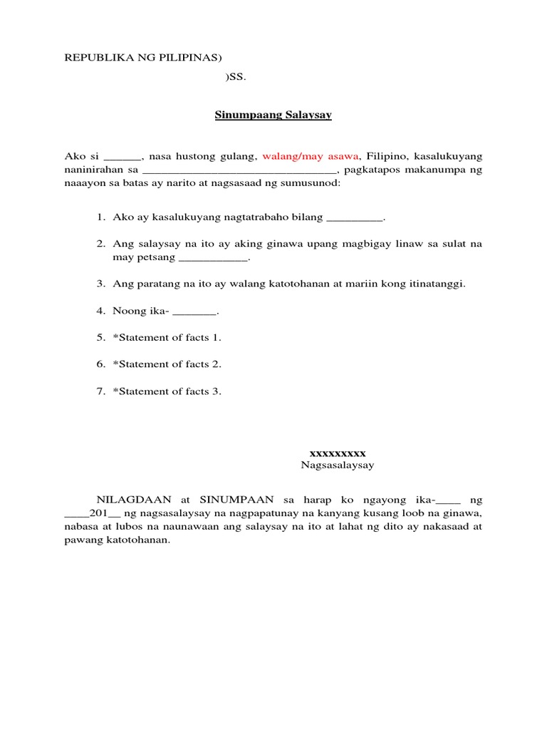 Sample - Sinumpaang Salaysay