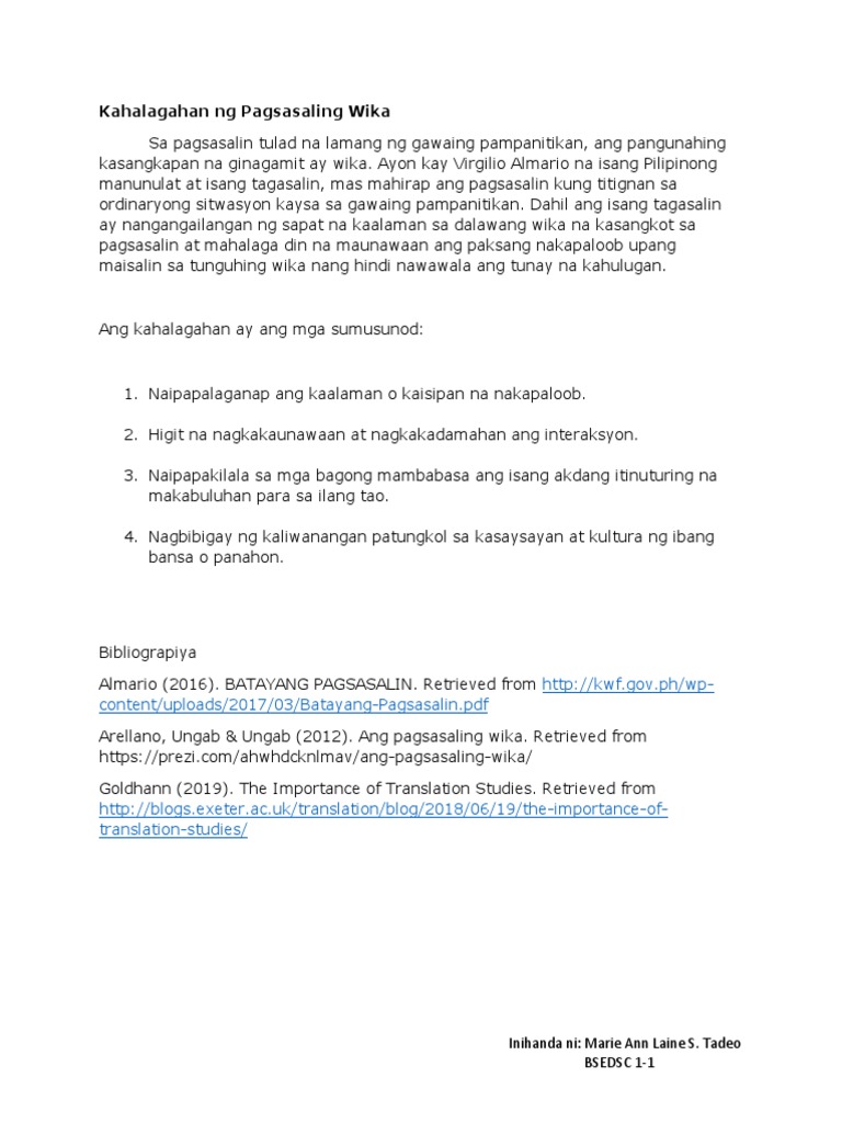 Kahalagahan NG Pagsasaling Wika | PDF