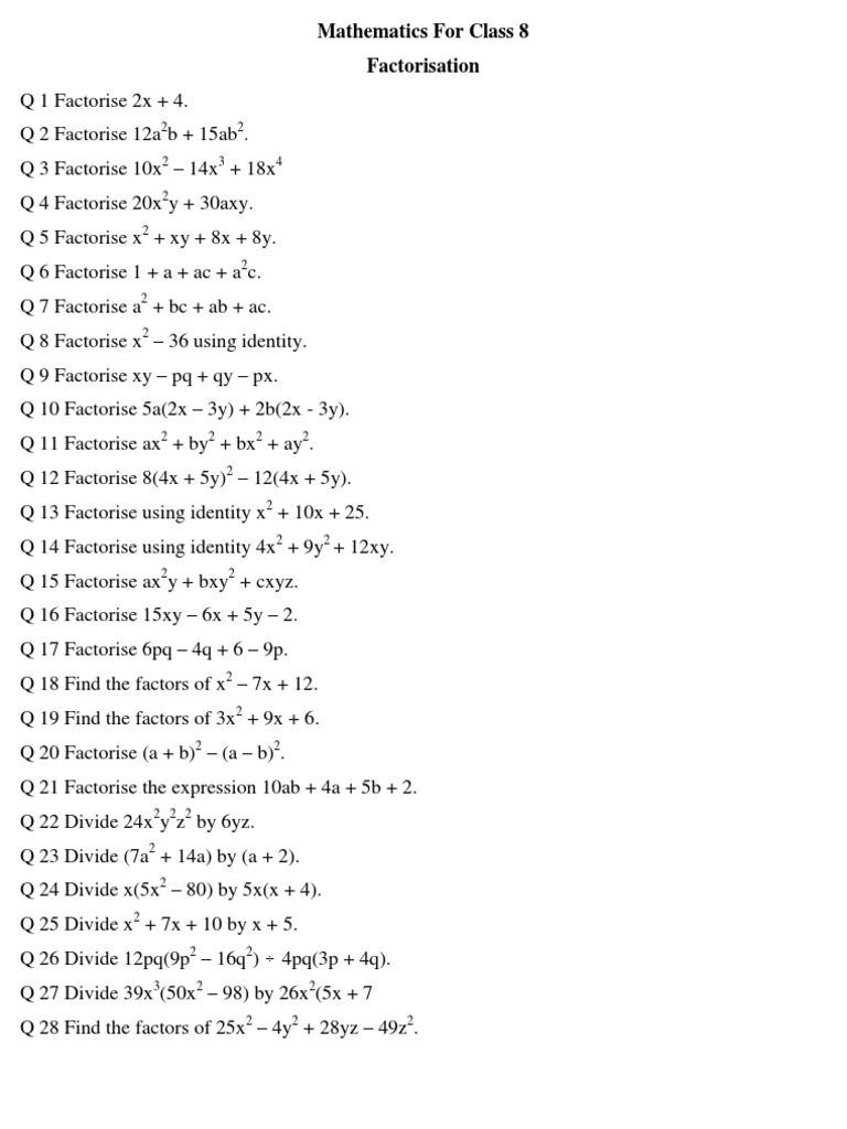 Factorization and Exponents Practice Problems for 8th Grade Mathematics ...