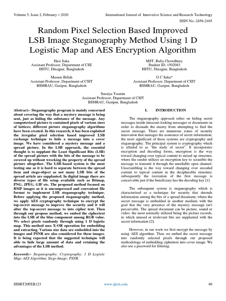 Random Pixel Selection Based Improved LSB Image Steganography Method Using 1 D Logistic Map and ...