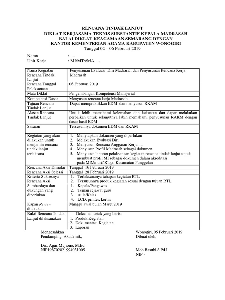 Rencana Tindak Lanjut Diklat Kepala Madrasah | PDF