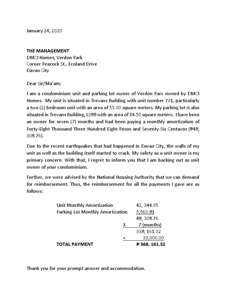 Letter To Backout Condominium Unit Ownershit | PDF