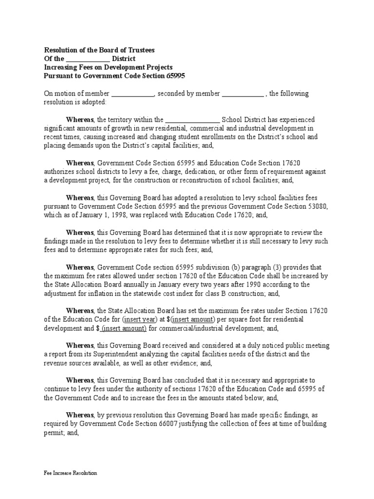 Template Resolution Fee Increase | PDF | Board Of Directors | Fee