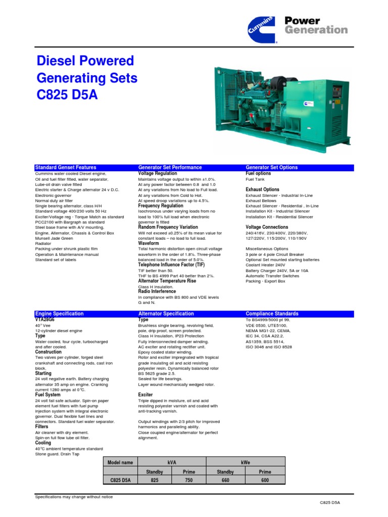 Diesel Powered Generating Sets C825 D5A: Technical Specifications and ...