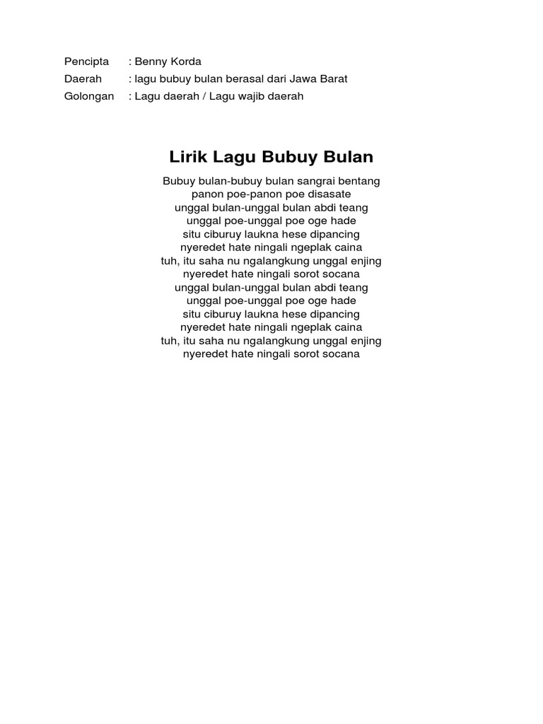 Lirik Lagu Daerah Bubuy Bulan | PDF