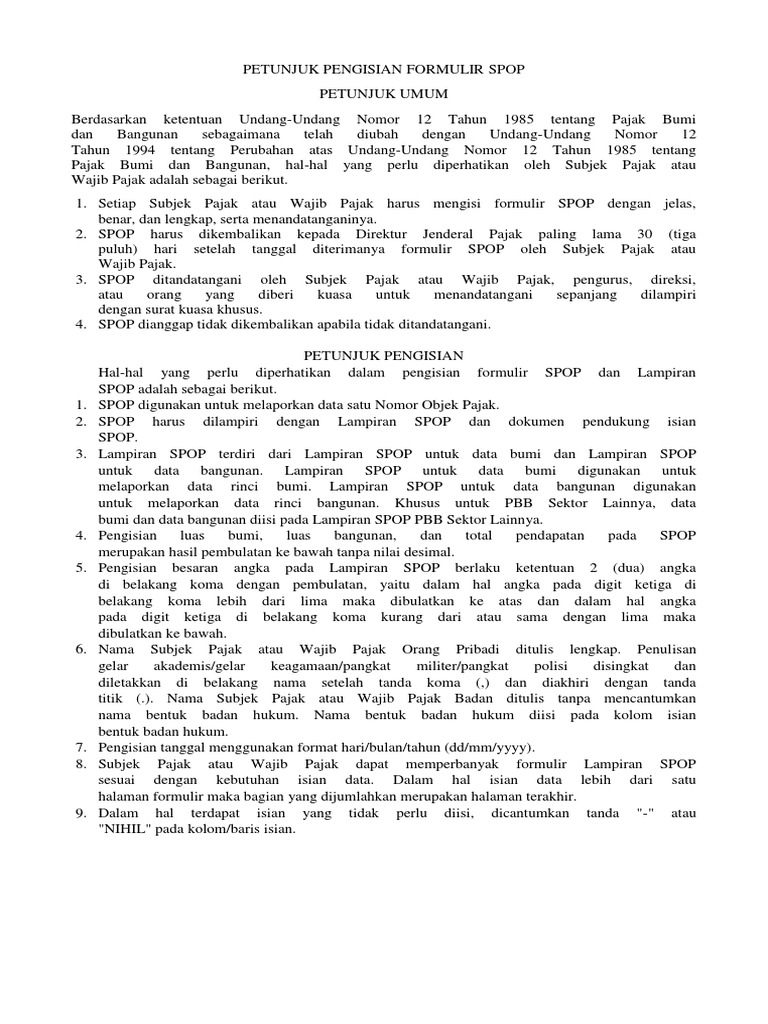 Panduan Pengisian Formulir SPOP | PDF