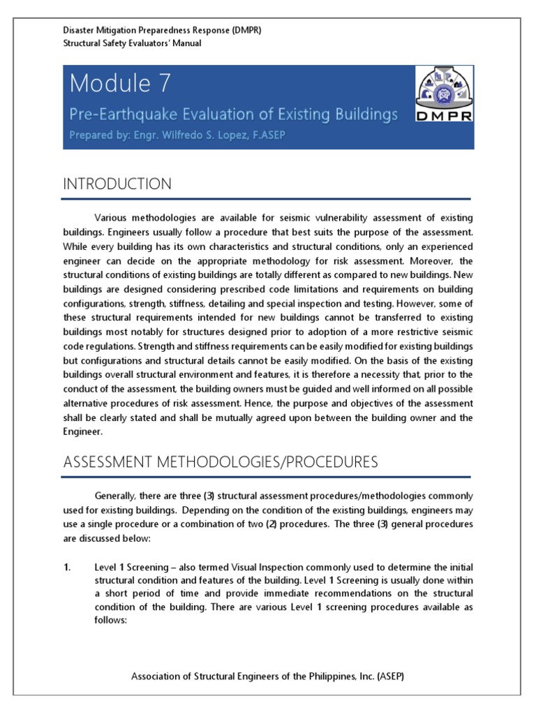 MANUAL - DaMPeR MODULE 7 PRE-EARTHQUAKE EVALUATION OF BUILDINGS Rev2019 ...