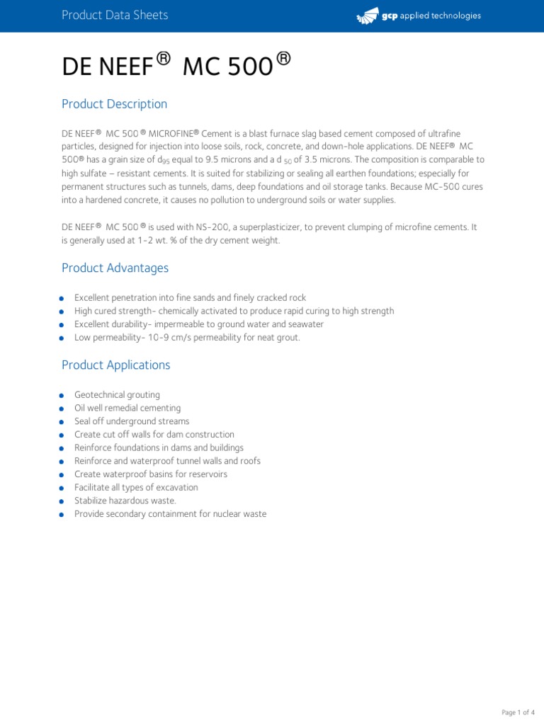 DE NEEF MC 500 Microfine Cement Product Data 1702412 | PDF | Concrete | Cement