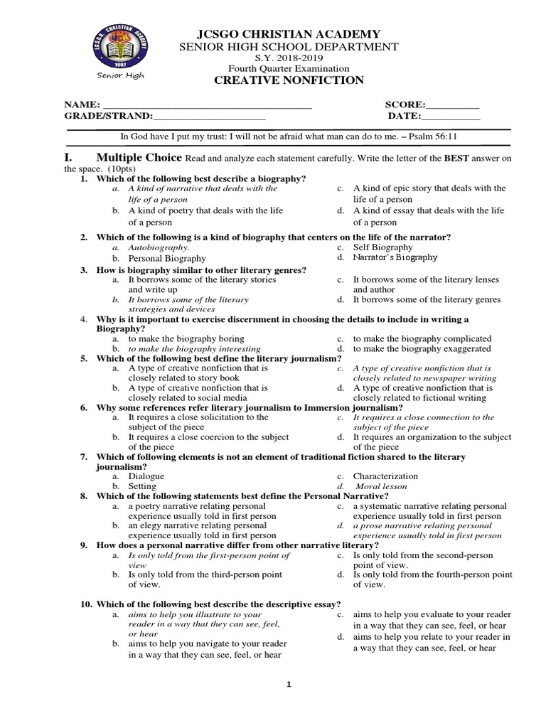 4th Quarter Creative Nonfiction Exam | PDF | Creative Nonfiction ...