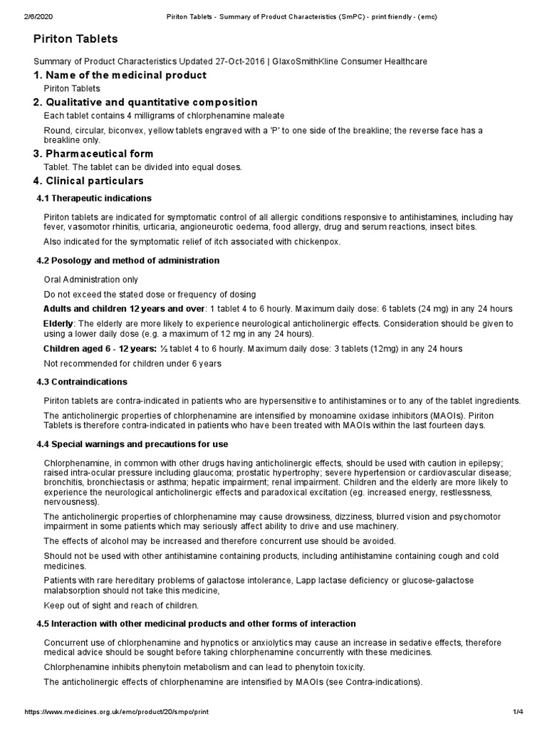 Piriton Tablets: Dosage and Indications | PDF | Dose (Biochemistry ...