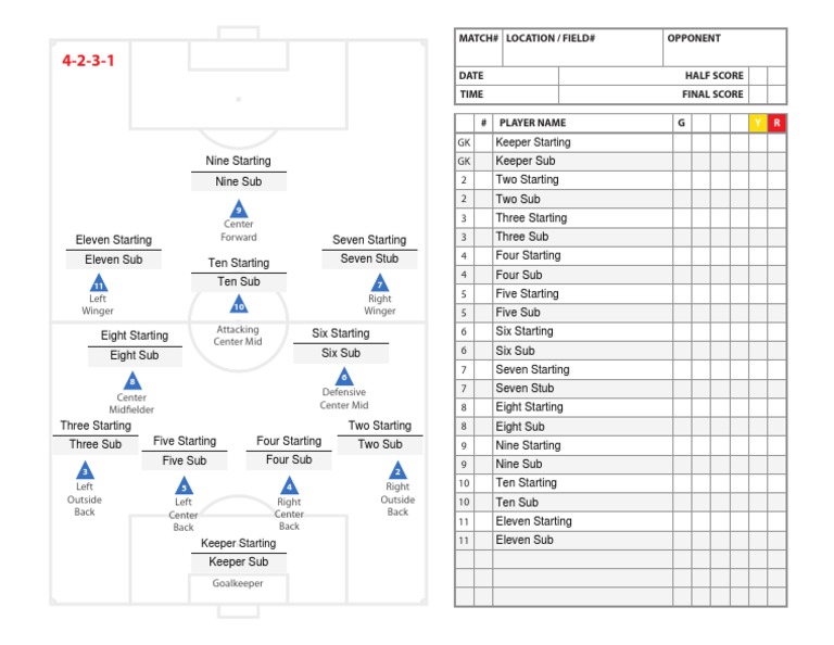 High School Soccer Lineup Sheet 11v11 4231 Players Subs Fillable ...