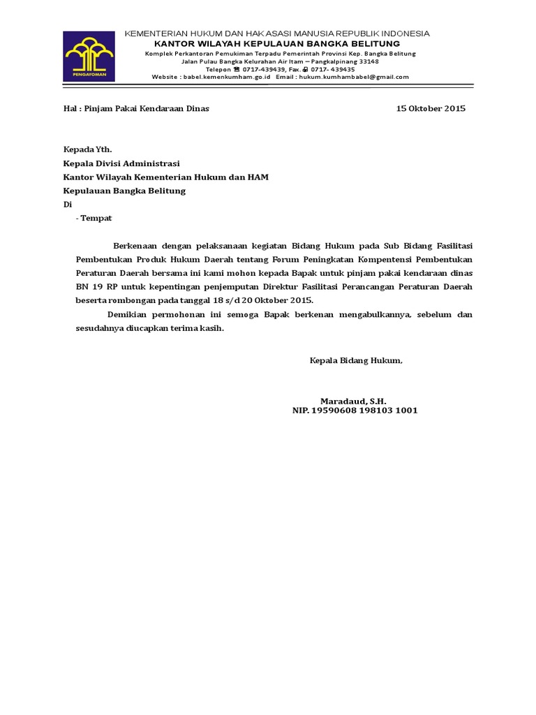 Surat Pinjam Pakai Mobil Dinas | PDF