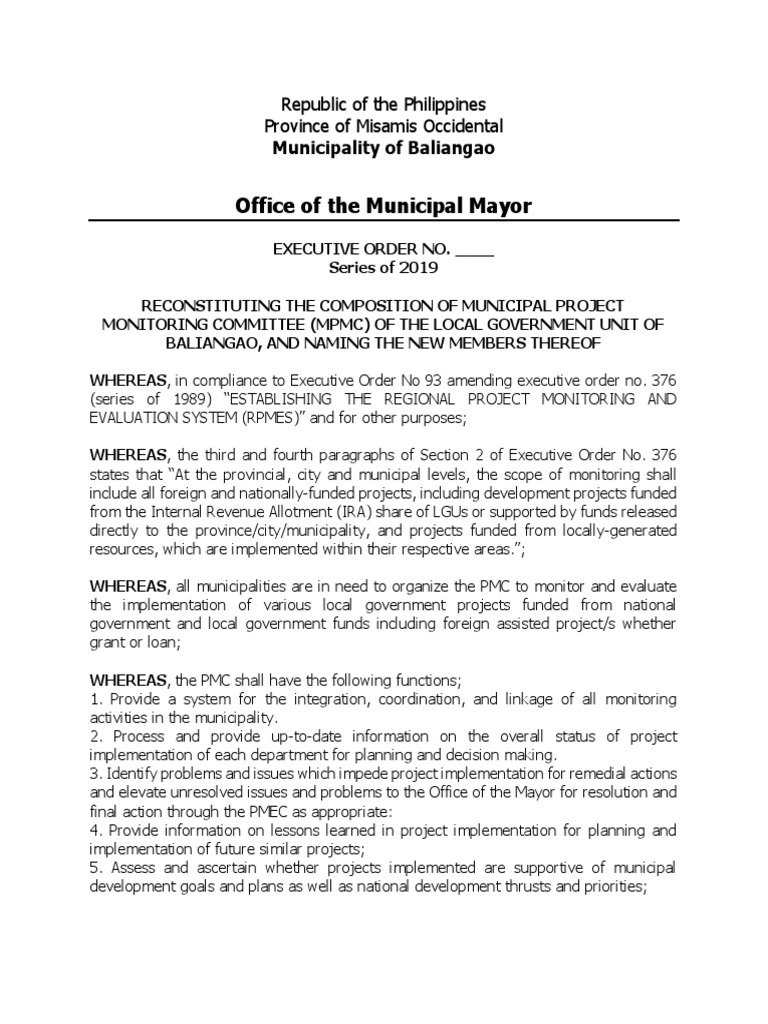 EXECUTIVE ORDER For The Mun. Project Monitoring Committee of Baliangao ...