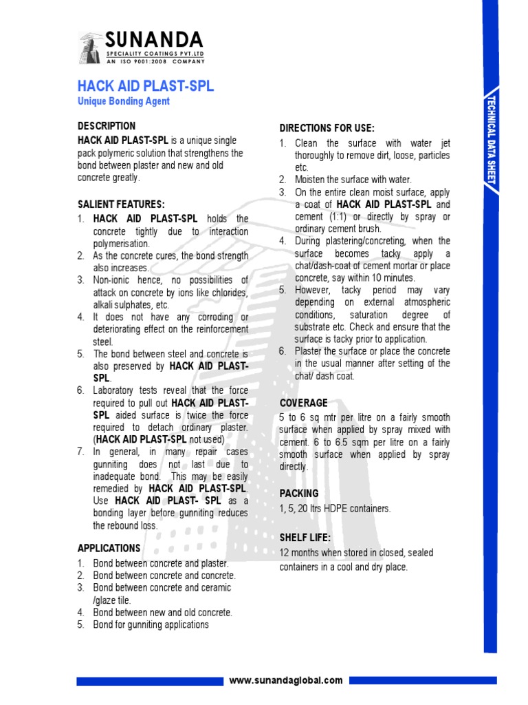 Hack Aid Plast-SPL Bonding Agent Guide | PDF | Plaster | Concrete