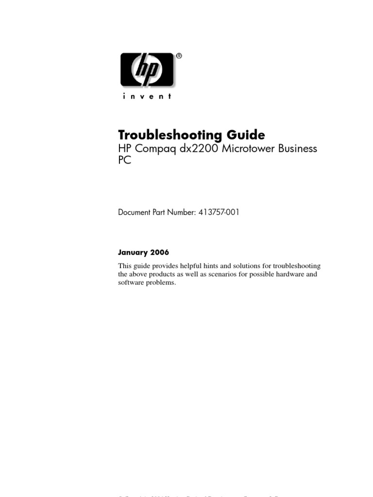 Troubleshooting Guide: HP Compaq dx2200 Microtower Business PC | PDF ...