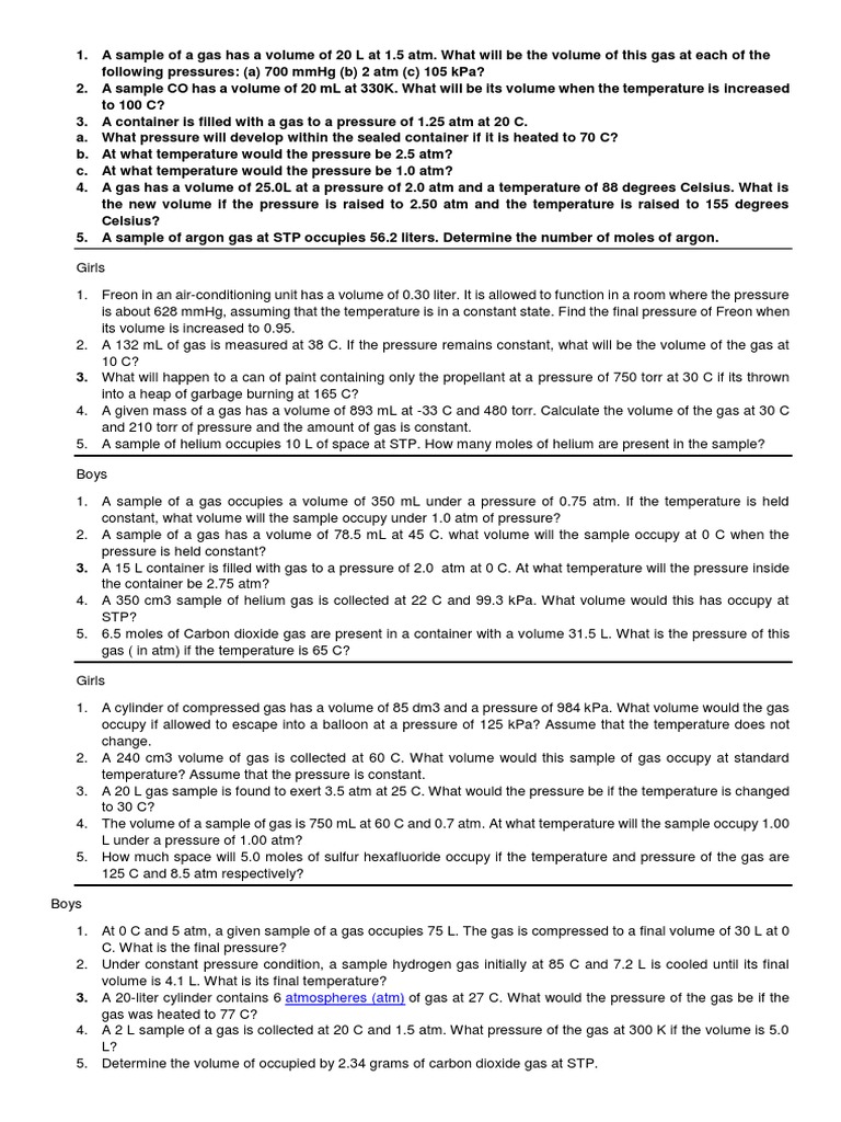 Gas Volume and Pressure Calculations | PDF | Gases | Carbon