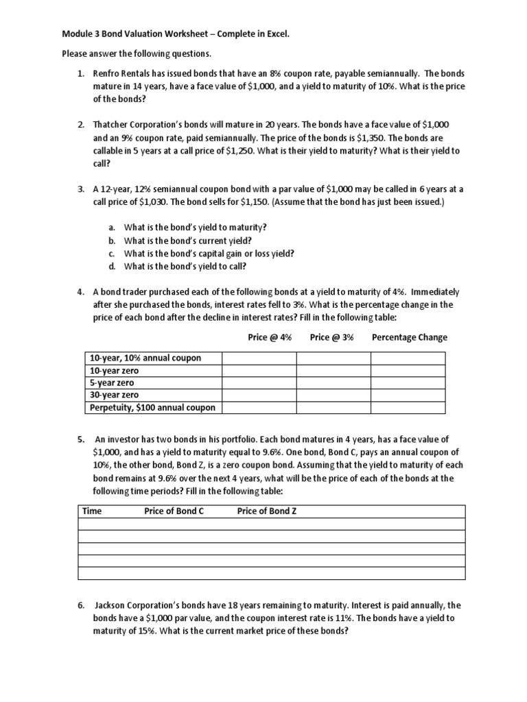 1 - Week 3 Assignment Module 3 Bond Valuation Worksheet | PDF | Bonds ...
