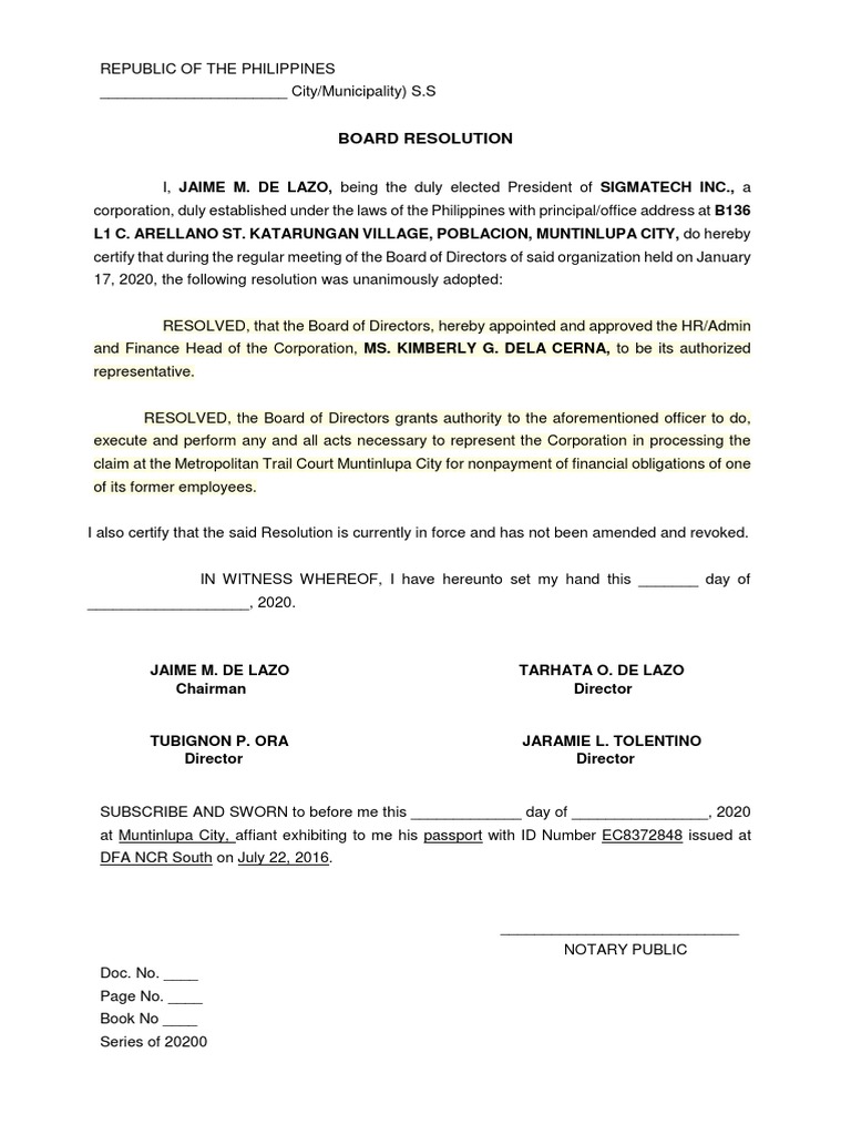 Board Resolution for Authorized Representative | PDF