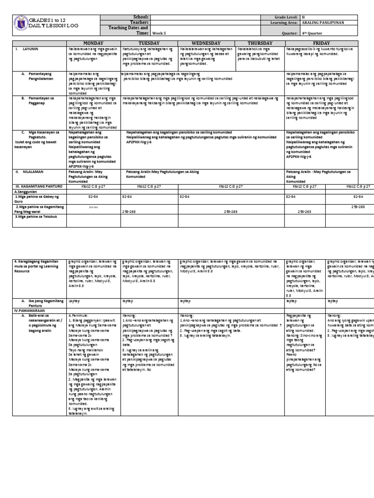 Grade 2 DLL Araling Panlipunan Q4 Week 5 | PDF